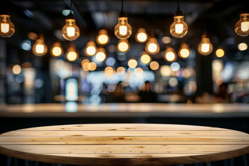 Empty Wooden Round Table Top with Warm Blurred Restaurant Background ...