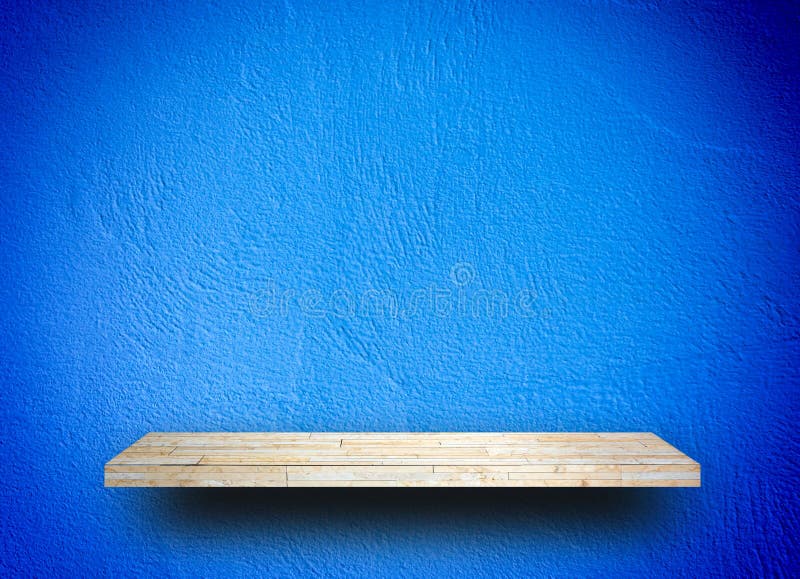 Empty Wooden Shelf on Blue Background Stock Photo - Image of wall, blue ...
