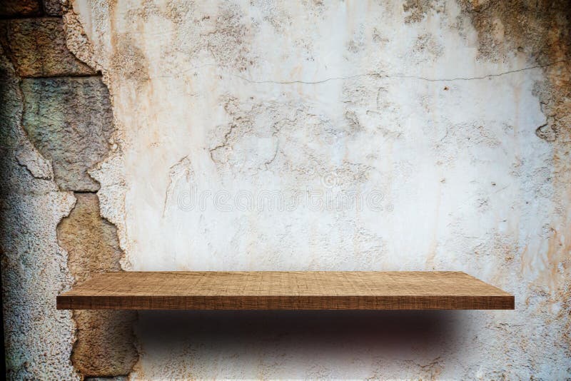 Empty Wooden Shelves on Cracked Brick Wall Stock Photo - Image of home ...