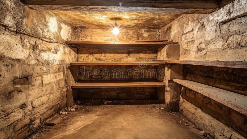 Empty Wooden Shelves in a Stone Basement Stock Illustration ...