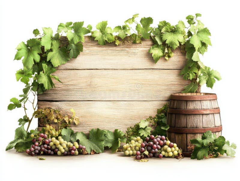 Empty Wooden Sign Adorned with Grapevines and a Wine Barrel in a ...