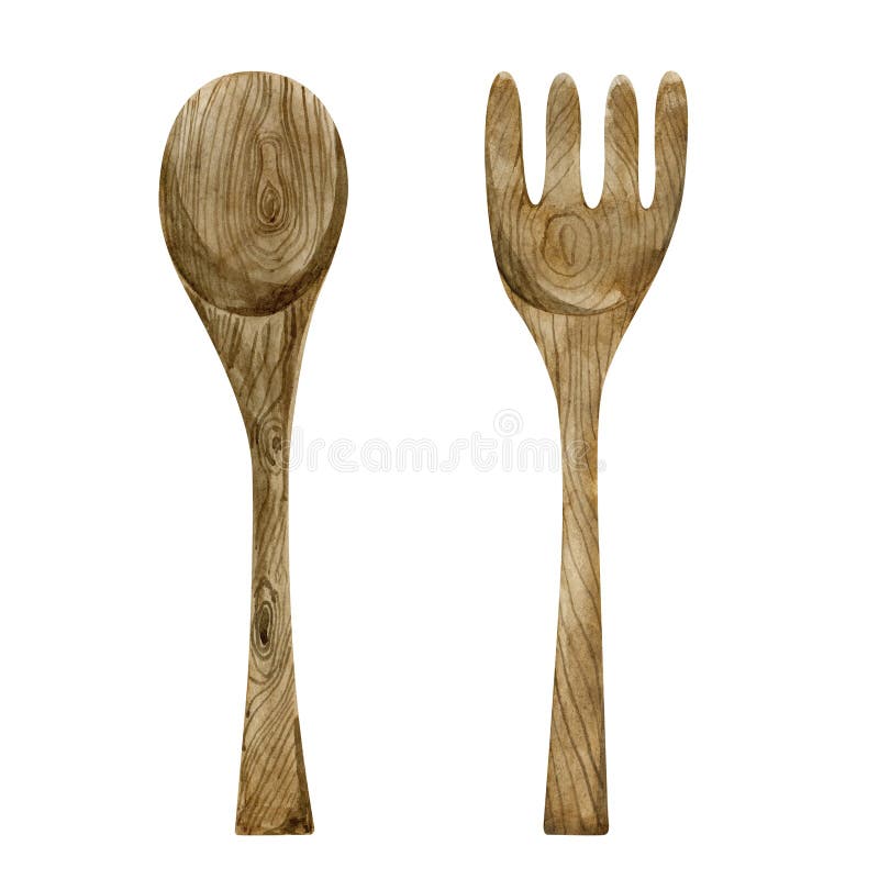 Empty Wooden Spoon and Fork from Top View Isolated on a White ...