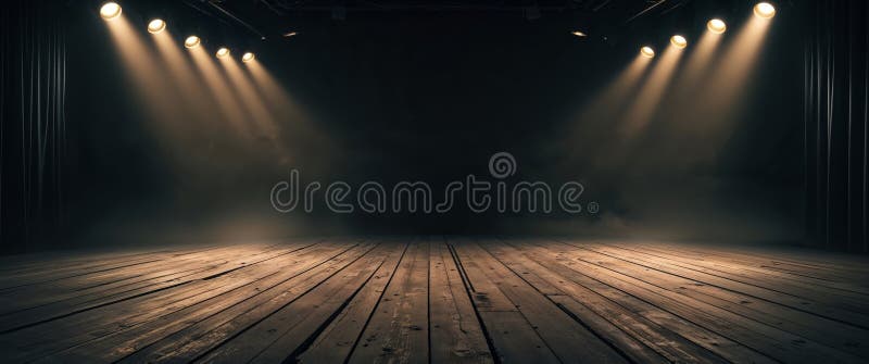 Empty Wooden Stage with Dramatic Spotlights in a Dark Theater Setting ...