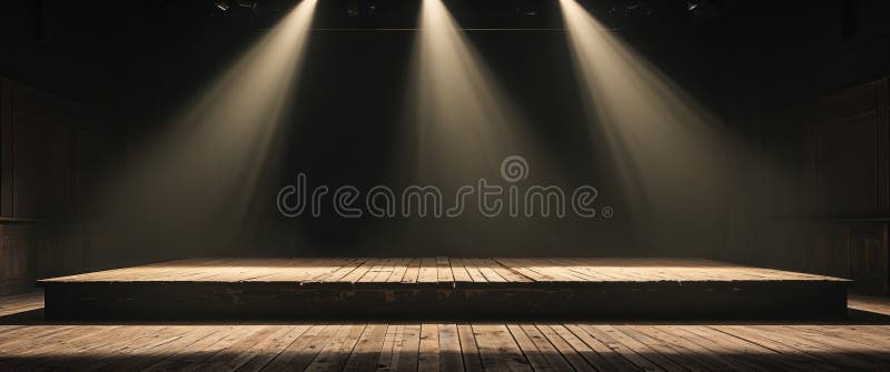 Empty Wooden Stage with Dramatic Spotlights in Dark Theater Setting ...