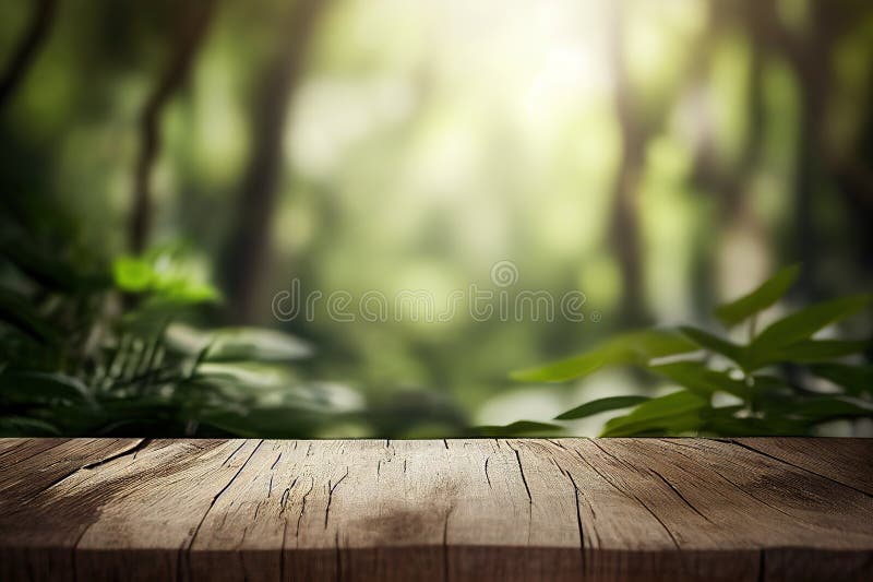 Empty Wooden Surface with Blurred Rainforest on Background. Product ...