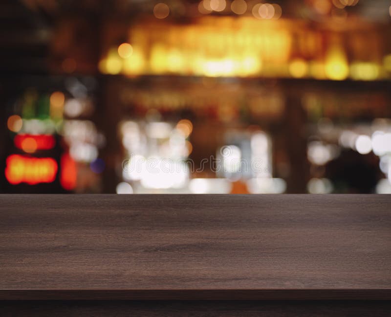 Empty Wooden Surface and Blurred View of Bar Interior. Space for Design ...