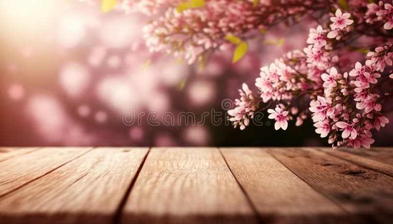 Empty Wooden Surface with with Pink Spring Sakura Cherry Blossom ...
