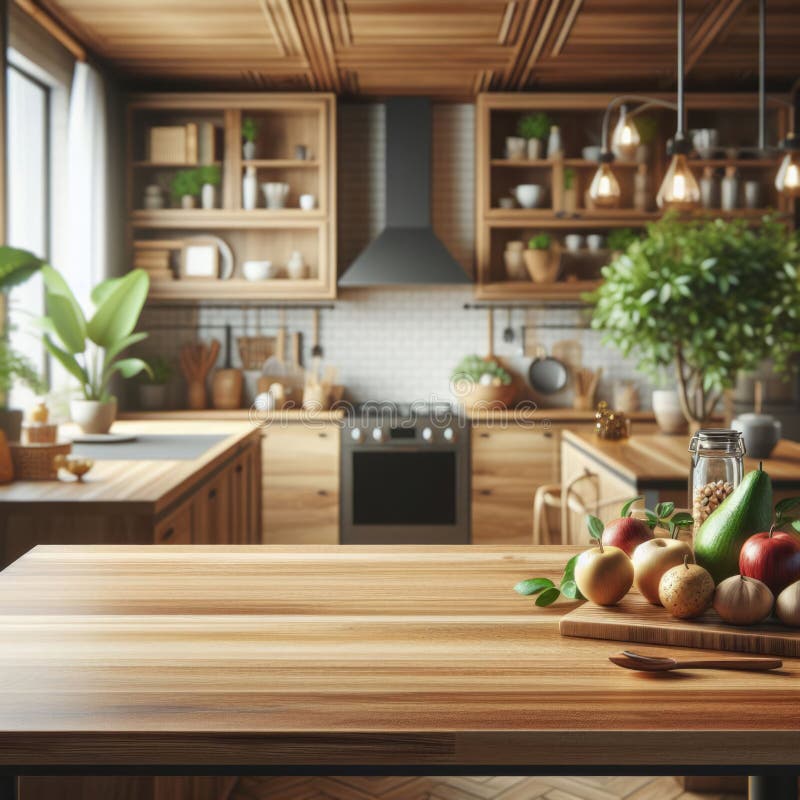 Empty Wooden Surface Placed in Foreground of Kitchen Environment Stock ...