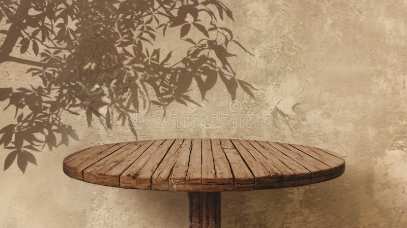 Empty Wooden Table with Abstract Light from Leaf Shadows on the Wall ...