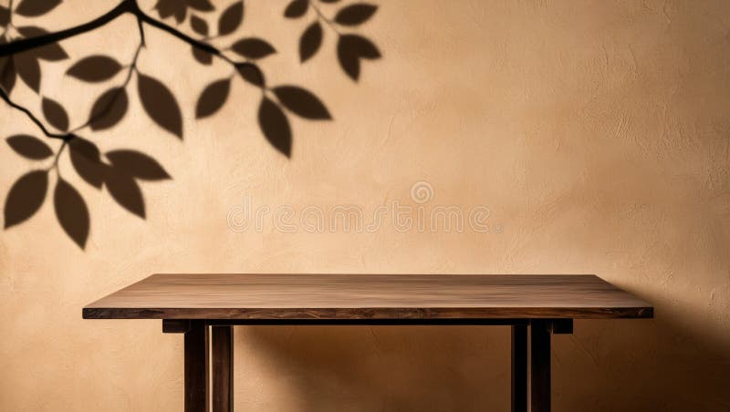 Empty Wooden Table with Abstract Light from Leaf Shadows on the Wall ...