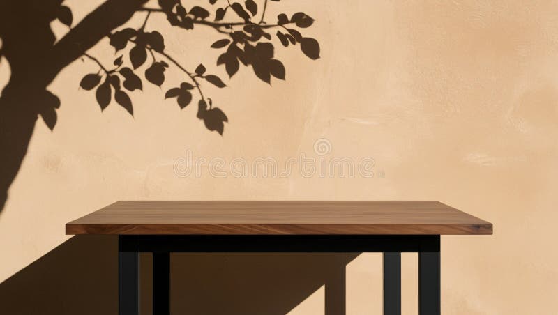 Empty Wooden Table with Abstract Light from Leaf Shadows on the Wall ...
