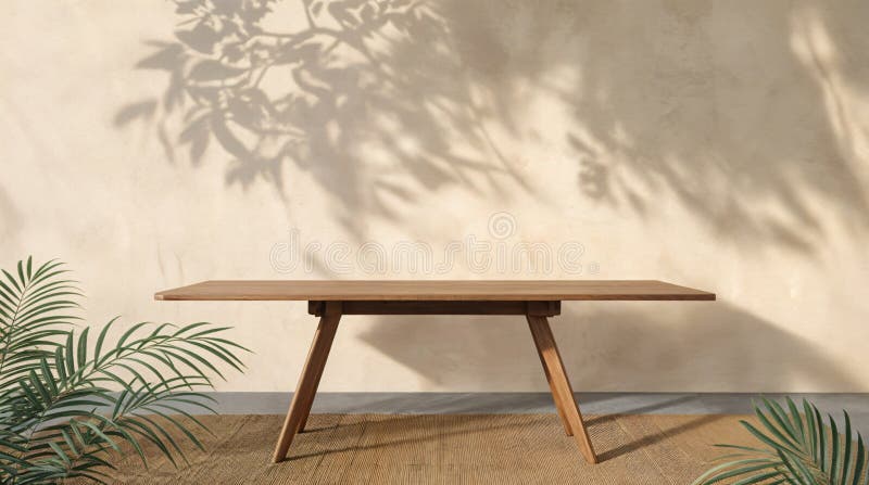 Empty Wooden Table with Abstract Light from Leaf Shadows on the Wall ...