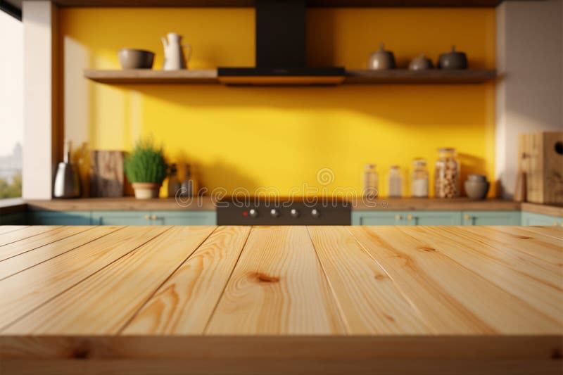 An Empty Wooden Table Against a Blurred Yellow Kitchen Backdrop Stock ...