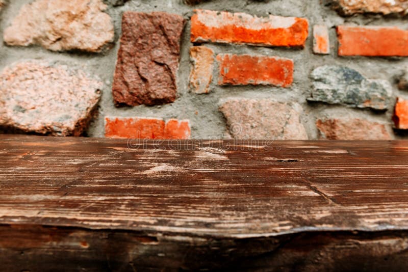 Empty Wooden Table Against Old Brick Wall Stock Photo - Image of design ...