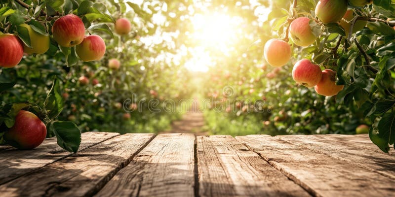 Ripe Red Apples Hanging from Tree Branches in Orchard with Empty Wooden ...