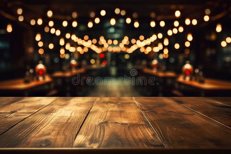 Empty Wooden Table Amidst Blurred Stage Bar or Cafe Hall with Bokeh ...