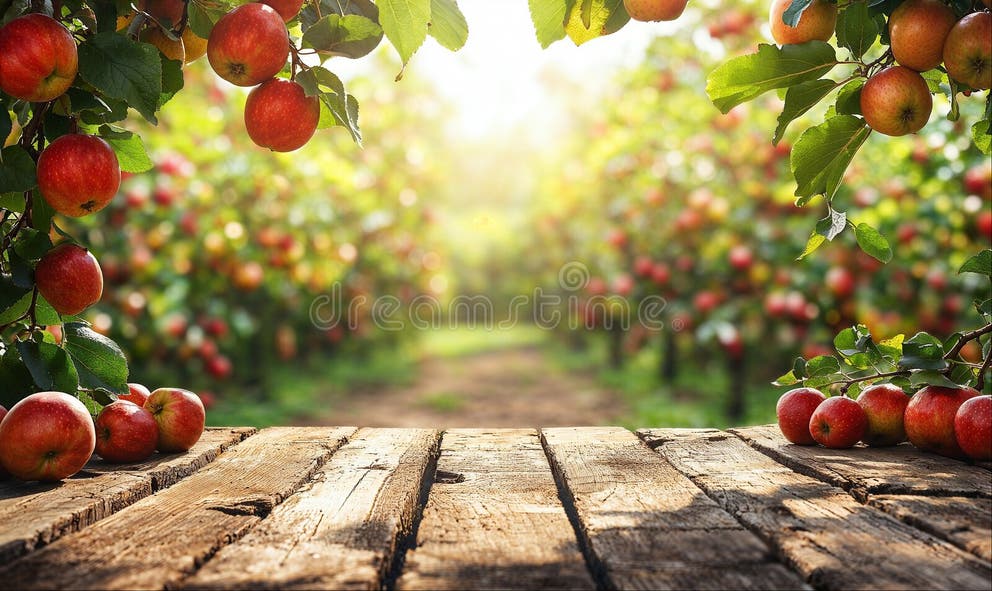 Empty Wooden Table and Apple Tree Branches Frame, Fruit Orchard ...