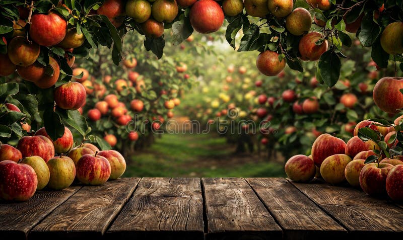 Empty Wooden Table Apple Tree Branches Frame Fruit Orchard Background ...