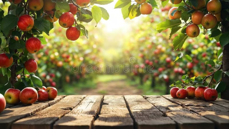 Empty Wooden Table and Apple Tree Branches Frame, Fruit Orchard ...