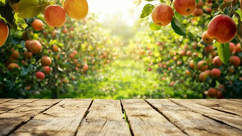 Empty Wooden Table and Apple Tree Branches Frame, Fruit Orchard ...