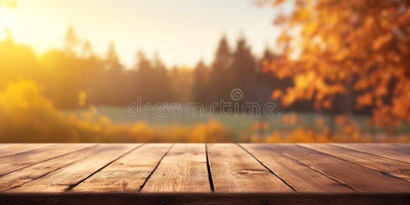 Empty Wooden Table with Autumn Landscape Banner. Selective Focus on ...