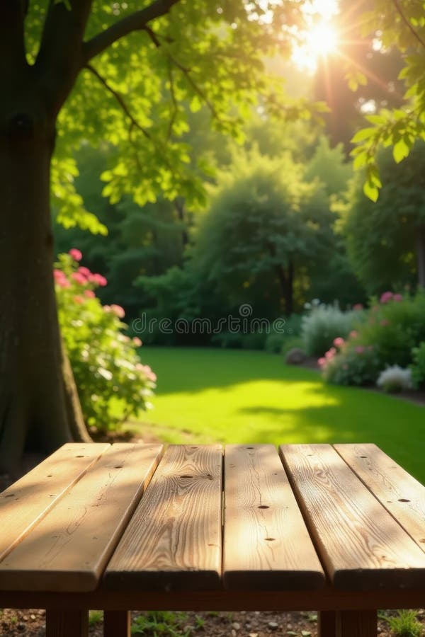 Empty Wooden Table Awaits Guests, Sunny Backyard , Blur, Party ...