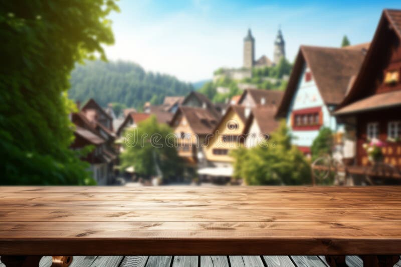 Empty Wooden Table on a Backdrop of Small Traditional German Town ...