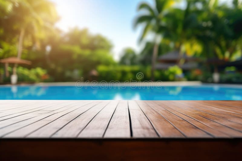 Empty Wooden Table on Background Blurred Empty Swimming Pool Outdoors ...