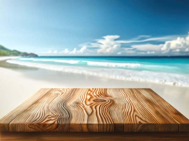 Empty Wooden Table with Beautiful Blurred White Sand Beach Backg Stock ...