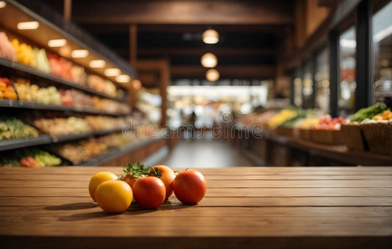 Empty Wooden Table with Beautiful Grocery Store Background Stock Image ...