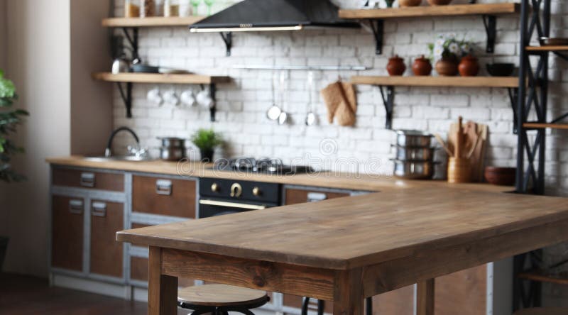 Empty Wooden Table in Beautiful Kitchen. Banner Design Stock Image ...