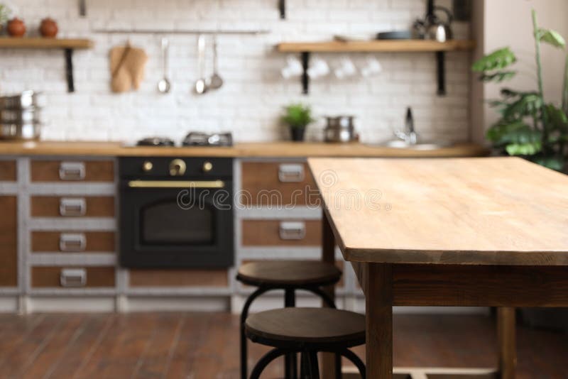 Empty Wooden Table in Kitchen. Interior Design Stock Image - Image of ...