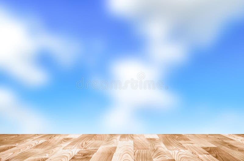 Empty Wooden Table with Blue Sky Bokeh Stock Photo - Image of beautiful ...
