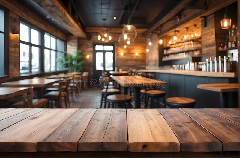 Empty Wooden Table with Blur Rustic Bar Restaurant Cafe Backgroud Stock ...