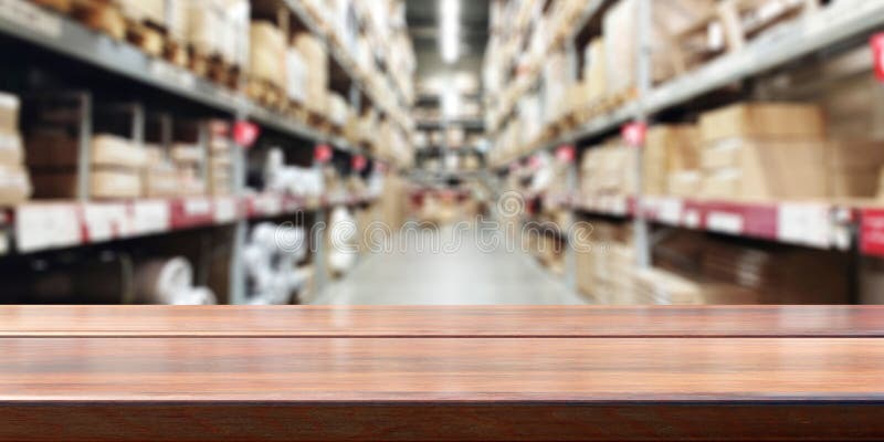 Empty Wooden Table, Blur Storage Warehouse Shelves Background Stock ...