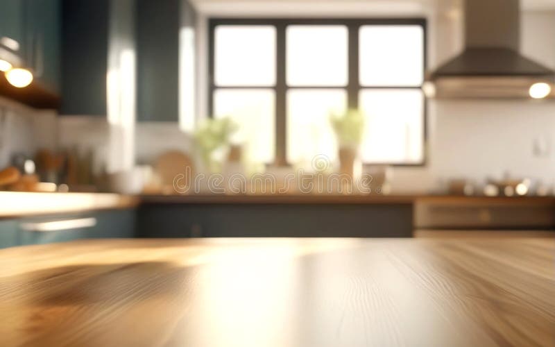 Empty Wooden Table with Blured Kitchen Interior Background Stock ...