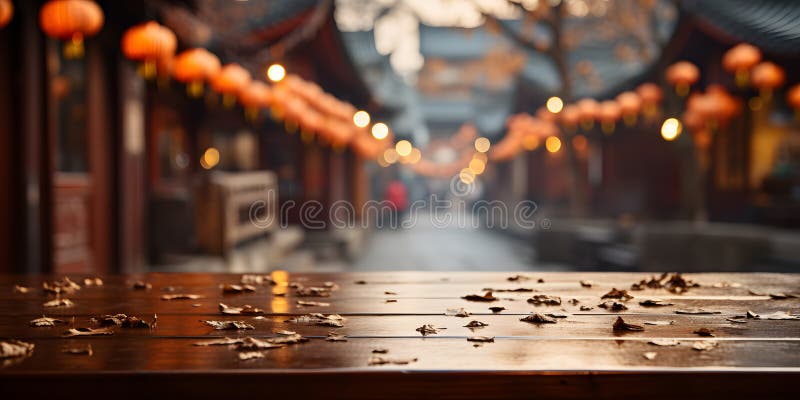 Empty Wooden Table with Blurred Ancient Chinese Town Background ...