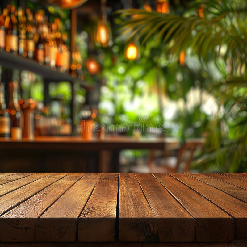 Empty Wooden Table and Blurred Background of Bar Interior. for Product ...