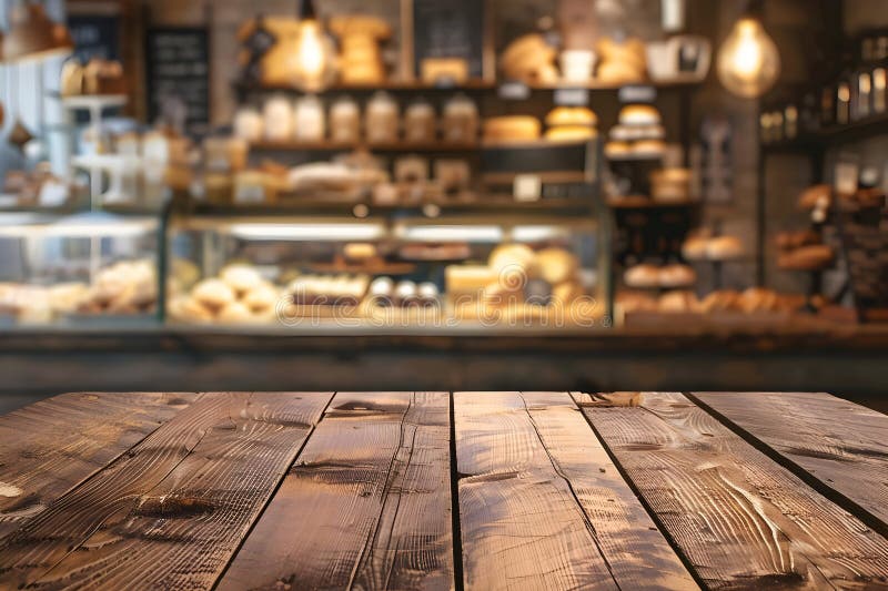 Empty Wooden Table Blurred Bakery Shop Background Stock Illustration ...