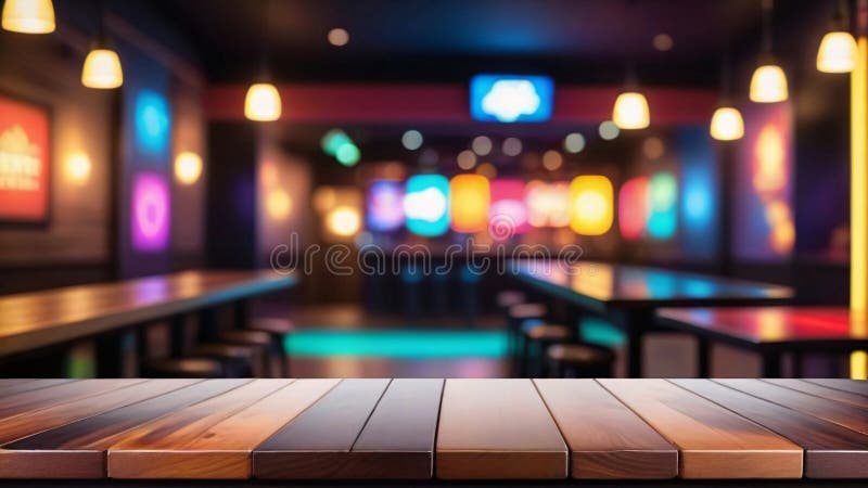 Empty Wooden Table with Blurred Bar Background Stock Illustration - Illustration of copy, bokeh ...