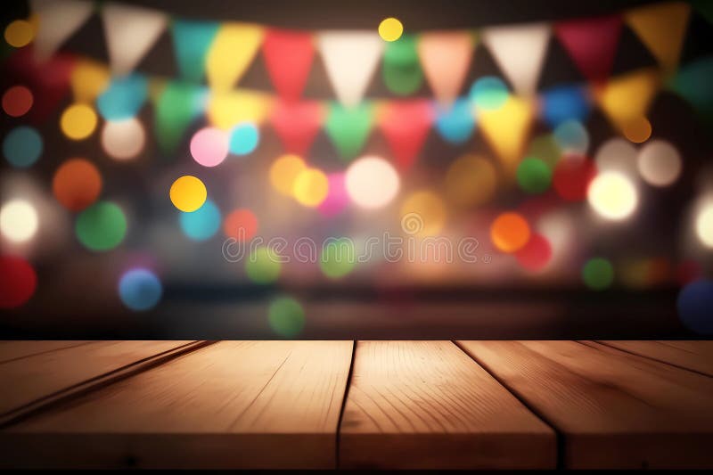 Empty Wooden Table and Blurred Birthday Background for Product ...