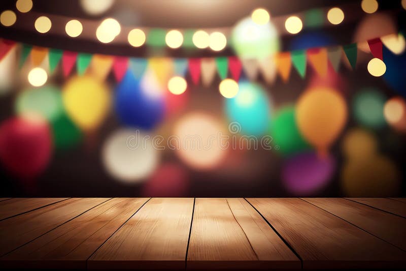 Empty Wooden Table with Blurred Birthday Party Background. Generative ...