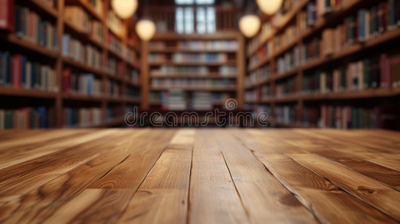 Empty Wooden Table with Blurred Bookshelves in a Library Stock ...