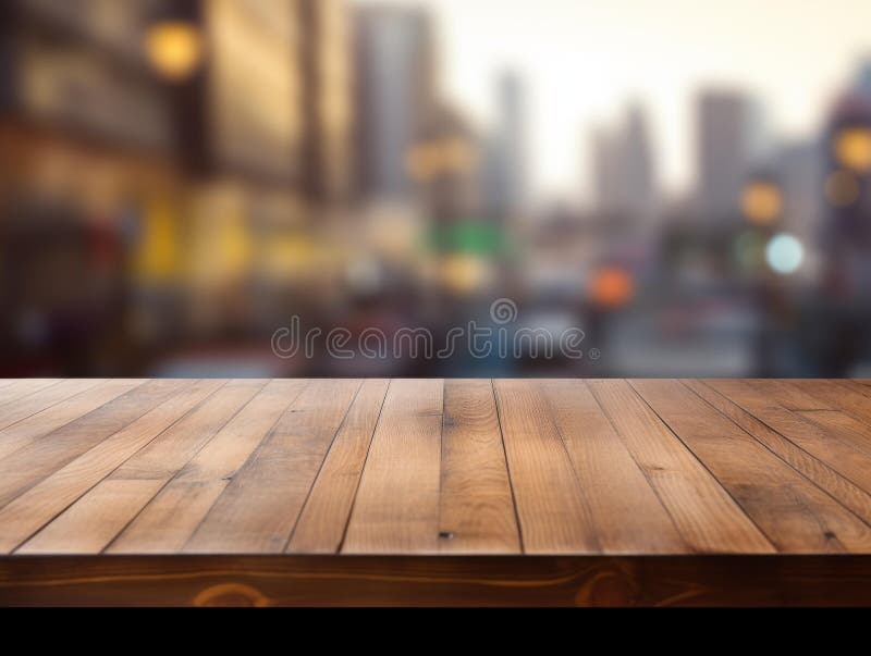 Empty Wooden Table and Blurred City Background, Product Display Montage ...