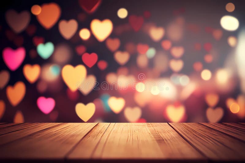 Empty Wooden Table and Blurred Hearts in Background. Generative Ai ...