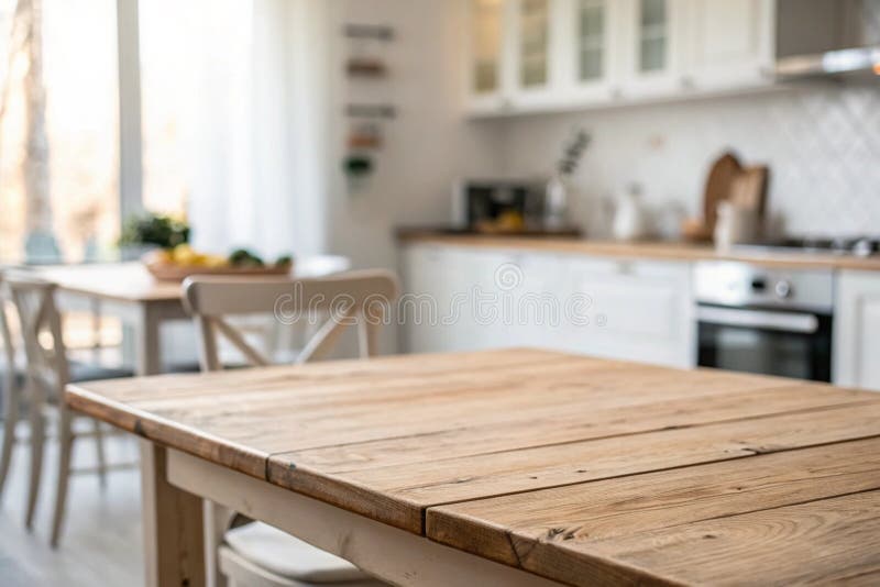 Empty Wooden Table with Blurred Kitchen Background Stock Illustration ...