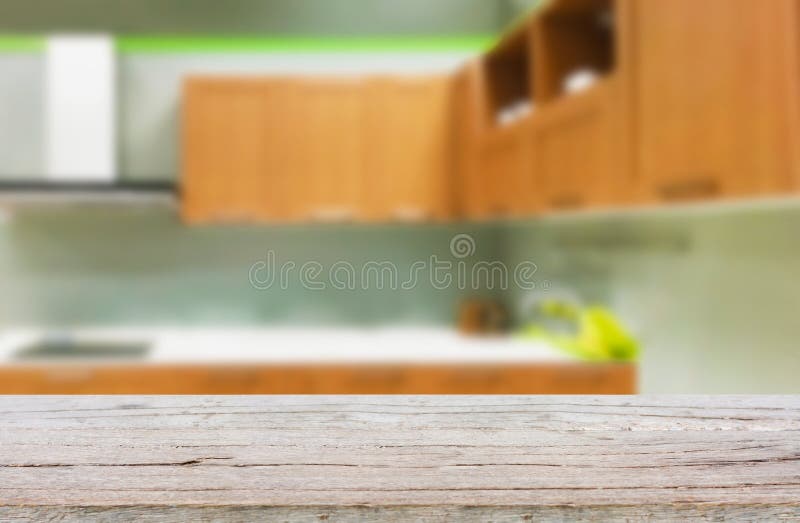 Empty Wooden Table and Blurred Kitchen Background Stock Photo - Image ...