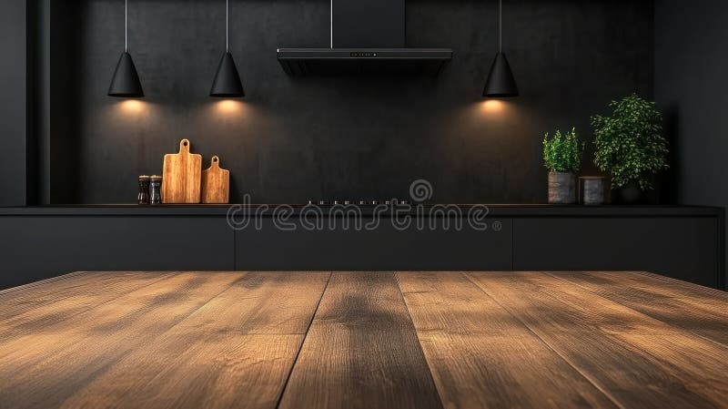 Empty Wooden Table on Blurred Kitchen Bench Background Stock ...