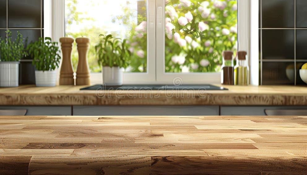 Empty Wooden Table on Blurred Kitchen Counter Background, Ideal for ...