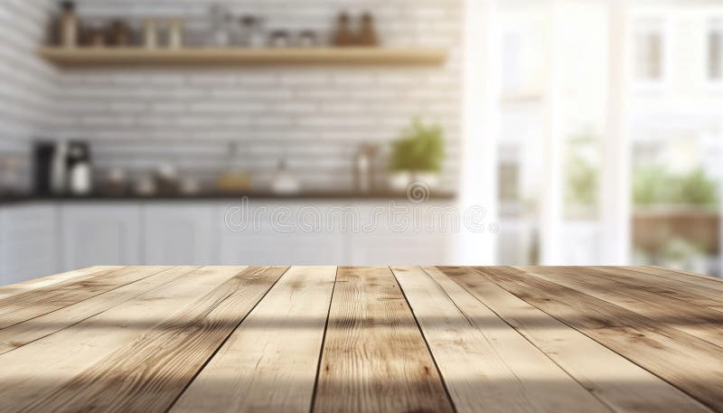 Empty Wooden Table on Blurred Kitchen Countertop - a Minimalist Setting ...